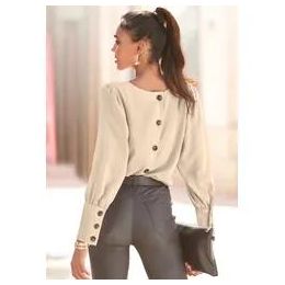 Langarmbluse Lascana, Damen, Gr. 40, beige (creme), Web, Obermaterial: 100% Polyester, unifarben, figurumspielend hüftlang, Rundhals, Manschette mit Knöpfen, Blusen, mit Knopfleiste hinten, elegante Damenbluse, Business-Look, Topseller