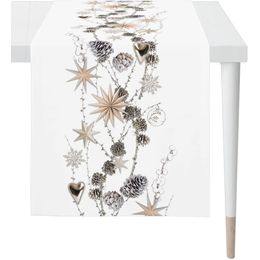 Tischläufer Apelt "6204 WINTERWELT, Weihnachtsdeko, Weihnachten", weiß (weiß, silberfarben, natur), B:42cm L:140cm, Baumwolle, Tischdecken, Digitaldruck