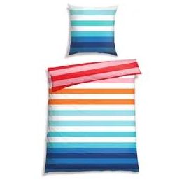 Bettwäsche Schiesser "Happy Stripe aus weicher Baumwolle und jeder Menge bunter Streifen", blau (türkis), B/L: 135cm x 200cm, 1 Stk., 1 Stk., Renforcé, B/L: 80cm x 80cm, 2 Stk., Renforcé, Obermaterial: 100% Baumwolle, Bettwäsche, MADE IN GREEN by OEKO-TEX