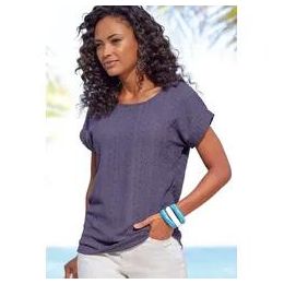 Kurzarmshirt Vivance "mit modischem Jacquard-Muster", Damen, Gr. 36/38, bunt (peach, navy), Stoff, Obermaterial: 97% Polyester (REPREVE), 3% Elasthan, Jacquardmuster, figurumspielend normal, Rundhals, angeschnitten, Shirts, aus pflegeleichter Qualität