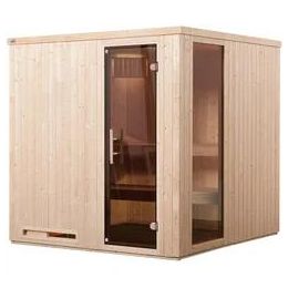 Sauna Weka "Elementsauna HALMSTAD 2", beige (natur), Saunaofen, integrierte Steuerung, 5,4 kW, Saunen, vorgefertigte Elemente, Fensterelement, moderne Ganzglastür