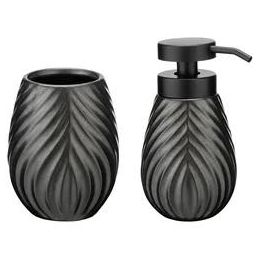 Badaccessoire-Set Wenko "Modell Idro Anthrazit", grau, strukturiert, Keramik, Kunststoff, Badaccessoires-Sets, Seifenspender und Zahnputzbecher aus Keramik, Linien-Struktur