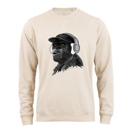 Cotton Prime Sweatshirt 'Monkey mit DJ-Kopfh&ouml;rer' Herren Gr&ouml;&szlig;e L beige / dunkelgrau / wei&szlig;