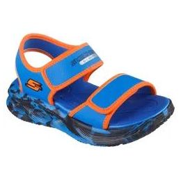 Sandale Skechers "SOLA GLOW SANDAL", Kinder, Gr. 27, blau (blau, orange), Lederimitat, kontrastfarbene Details, Schuhe, Sandale mit Klettverschluss+Blinkfunk., Größenschablone zum Download