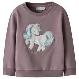 Sweatshirt name it "NMFKISA SWEAT UNB", Mädchen, Gr. 104, lila (elderberry), Sweatware, Obermaterial: 95% Baumwolle, 5% Elasthan, bedruckt, regular fit normal, Rundhals, Rippbündchen, Sweatshirts