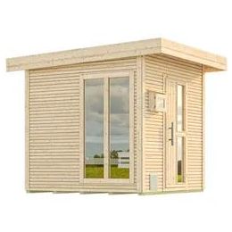 Saunahaus Weka "Design-Saunahaus KUOPIO 2", beige (natur), Bio-Ofen, externe Steuerung, 9 kW, Saunen, Blockbohlen im WekaLine-Profil, bodentiefes Fensterelement
