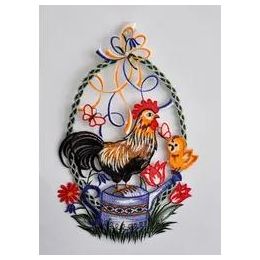 Fensterbild Stickereien Plauen "Hahn auf Kanne", bunt, B:22cm H:32cm, Polyester, Fensterbilder