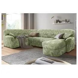 Wohnlandschaft DOMO collection "Bahia U-Form, B/T: 308/200 cm, mit Federkern, belastbar bis 140kg/Sitz", grün, Sofas, B/H/T: 308cm x 91cm x 200cm, Luxus-Microfaser, Recamiere rechts, Luxus-Microfaser (100% Polyester), mit Muster;Struktur (100% Polyester), Microfaser MELROSE, mocca, B:308cm H:91cm T:200cm