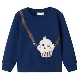 Sweatshirt name it "NMFNORA SWEAT BRU BOX", Mädchen, Gr. 104, blau (blauprint), Sweatware, Obermaterial: 100% Baumwolle, bedruckt, casual, regular fit, Rundhals, Langarm Rippbündchen, Sweatshirts