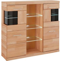 Home Affaire Highboard &raquo;Ribe,120cm breit,112cm hoch,Oberplatte massiv,12 F&auml;cher&laquo; Holz massiv, Holzwerkstoff, Metall Griffe,2T&uuml;ren mit Glaseinsatz 