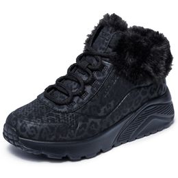 Winterboots Skechers "UNO LITE", M&auml;dchen, Gr. 38, schwarz (schwarz, uni), Lederimitat, Fellimitat, animal-print, Schuhe Winterboots, Schn&uuml;rboots mit Rei&szlig;verschluss, Gr&ouml;&szlig;enschablone zum Download