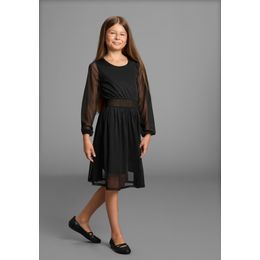 Jerseykleid Bruno Banani "Chiffonkleid", Mädchen, Gr. 140/146, N-Gr, schwarz, Jersey, Obermaterial: 95% Polyester, 5% Elasthan. Futter: 100% Polyester, Mesh, leicht transparent, unifarben, festlich, ausgestellt kniebedeckend, Rundhals, mit Gummizug, Kleider, NEUHEIT: Bruno Banani für TEENS Shirtkleid mit Chiffon
