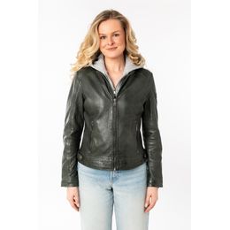 Lederjacke Mauritius "MWAleni", Damen, Gr. L, grün (schwarz olive), Obermaterial: 100% Schafsleder. Futter: 100% Baumwolle. Kapuze: 55% Baumwolle, 45% Polyester. Ärmelfutter: 100% Polyester, unifarben, regular fit normal, mit Druckknopf, Jacken, mit Jerseykapuze und Stehkragen