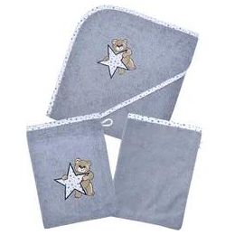Wörner Handtuch Set WÖRNER "Teddy/Stern Kapuzenbadetuch mit 2 Waschhandschuhen", grau, 3 Stk., Stern, Frottier, Frottier, Obermaterial: 100% Baumwolle, Handtücher, mit süßer Teddystickerei
