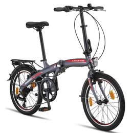 Licorne Bike Phoenix 2D, 20 Zoll Aluminium-Faltrad-Klapprad, Scheibenbremse, Discbremse, V-Bremse Faltfahrrad-Herren-Damen, 7 Gang Kettenschaltung - Folding City Bike, Alu-Rahmen, StVZO, Vorderlampe, Hinterlampe Farbe:Anthrazit-Rot;Stil:V-Bremse