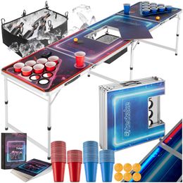 TecTake&reg; Aluminium Bierpongtisch, mit Eisfach, Becherl&ouml;chern, LED-Beleuchtung, bodenschonende Kunststofff&uuml;&szlig;e, inklusive 100 Bechern, 6 B&auml;llen und Kartentrinkspiel