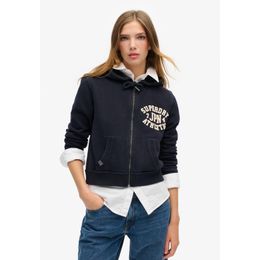 Kapuzensweatjacke Superdry "ATHLETIC RELAXED CROP ZIPHOOD", Damen, Gr. L, blau (eclipse navy), Sweatware, Obermaterial: 100% Baumwolle, bedruckt, relaxed fit kurz, Rippbündchen, Sweatjacken