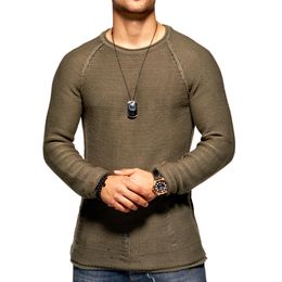 Strickpullover 2Y Premium "JOSCHUA", Herren, Gr. S, gr&uuml;n (olivgr&uuml;n), 50% Baumwolle, 50% Polyacryl, unifarben, normal, Rundhals, Pullover Strickpullover, mit Destroyed-Elementen