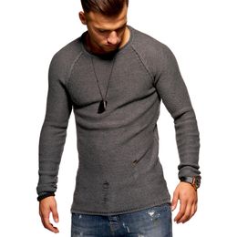 Strickpullover 2Y Premium "JOSCHUA", Herren, Gr. S, grau (dunkelgrau), 50% Baumwolle, 50% Polyacryl, unifarben, normal, Rundhals, Pullover Strickpullover, mit Destroyed-Elementen