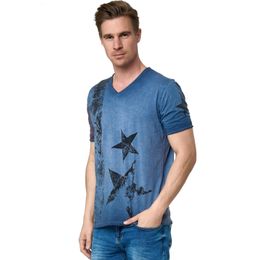 T-Shirt Rusty Neal, Damen, Gr. S, blau (indigo), 100% Baumwolle, bedruckt, normal, V-Ausschnitt, Shirts T-Shirt, mit V-Neck