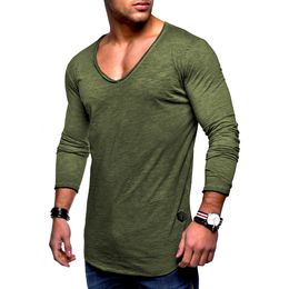 Langarmshirt behype "NUKE L/S", Herren, Gr. M, gr&uuml;n (khaki), 100% Baumwolle, unifarben, Shirts Langarmshirt, mit V-Ausschnitt