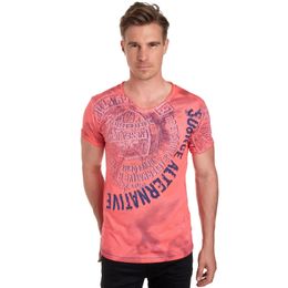 T-Shirt Rusty Neal, Herren, Gr. L, orange (koralle), 100% Baumwolle, bedruckt, normal, V-Ausschnitt, Shirts T-Shirt, mit Strasssteinen und Frontprint