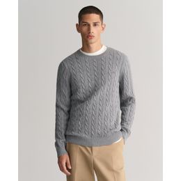 Strickpullover Gant "COTTON CABLE C-NECK", Herren, Gr. S, grau (grau melange), Strick, Obermaterial: 100% Baumwolle, Zopfmuster, Basic, regular fit hüftlang, Rundhals, Rippstrickbündchen, Pullover, mit Wappen-Logostickerei auf der Brust