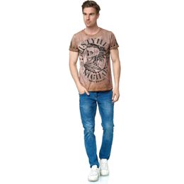 T-Shirt Rusty Neal, Herren, Gr. L, braun (camelfarben), 100% Baumwolle, bedruckt, normal, Rundhals, Shirts T-Shirt, mit stylischem Totenkopf-Print