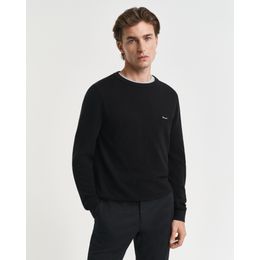 Rundhalspullover Gant "COTTON PIQUE C-NECK", Herren, Gr. M, schwarz, Strick, Obermaterial: 100% Baumwolle, unifarben, regular fit hüftlang, Rundhals, Rippstrickbündchen, Pullover, mit Logostickerei auf der Brust
