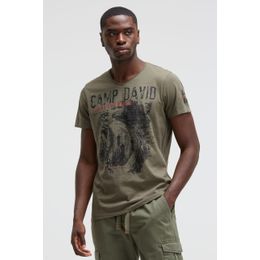 V-Shirt CAMP DAVID, Herren, Gr. M, gr&uuml;n (vintage khaki), Material: 100% Baumwolle, bedruckt, regular fit normal, eingesetzt offene Naht, Shirts, mit offenen Kanten