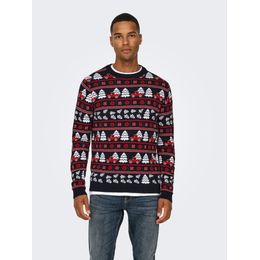 Only & Sons Rundhalspullover ONLY & SONS "ONSXMAS REG 5 JAQ CREW KNIT", Herren, Gr. XXL, blau (schwarz navy), Strick, Obermaterial: 100% Baumwolle, gemustert, regular fit, Rundhals, Rippbündchen, Pullover