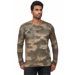 Langarmshirt Rusty Neal, Herren, Gr. M, grün (khaki), 100% Baumwolle, bedruckt, normal, Rundhals, Shirts Langarmshirt, mit eindrucksvollem Print