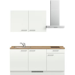 Küchenzeile Nobilia ""Laser I",Ausrichtung wählbar, Breite 180 cm", weiß (küche: weiß, korpus: alpinweiß, arbeitsplatte: eiche havanna nachbildung), B:180,3cm H:216,6cm T:60cm, Komplettküchen-Sets, vormontiert, wahlw. mit unterschiedlichen E-Geräten-Sets