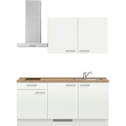 Küchenzeile Nobilia ""Laser I",Ausrichtung wählbar, Breite 180 cm", weiß (küche: weiß, korpus: alpinweiß, arbeitsplatte: eiche havanna nachbildung), B:180,3cm H:216,6cm T:60cm, Komplettküchen-Sets, vormontiert, wahlw. mit unterschiedlichen E-Geräten-Sets