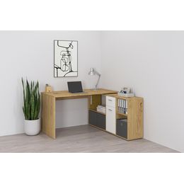 Eckschreibtisch FMD "Lexo", weiß (artisan, oak, weiß), B:136cm H:74cm T:66,5cm, Tische, Schreibtisch/Sideboard viel Stauraum, beidseitig montierb., 136/205 cm