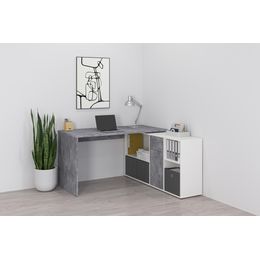 Eckschreibtisch FMD "Lexo", grau (betonfarben, weiß), B:136cm H:74cm T:66,5cm, Tische, Schreibtisch/Sideboard viel Stauraum, beidseitig montierb., 136/205 cm
