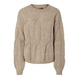 Strickpullover Pieces "PCJENNA LS O-NECK CABLE KNIT NOOS BC", Damen, Gr. S, beige (greige), Strick, Obermaterial: 79% Polyester, 13% Polyacryl, 5% Wolle, 3% Elasthan, unifarben, regular fit normal, Rundhals, Rippbündchen, Pullover