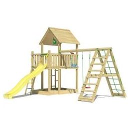 Spielturm Jungle Gym "Majesty", gelb, Spieltürme, KinderB:435cm H:349cm T:452cm, Holzwerkstoff, Spielanlage mit Schaukel, Kletterbock und Rutsche mit Wasseranschluss, B:435cm H:349cm T:452cm