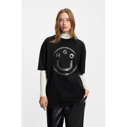 Hugo Blue Damen HUGO Blue Rundhalsshirt &raquo;Oversized Tee&laquo; Happy Hugo Print, unisex schwarz M