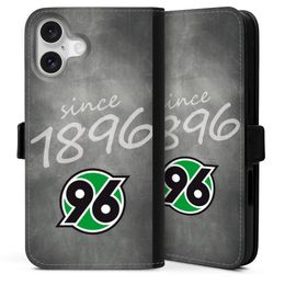 DeinDesign iPhone 16 Plus Handy Klapph&uuml;lle Handyh&uuml;lle aus Kunst Leder schwarz Flip Case Hannover 96 H96 Official Licensed Product Sideflip mit Lasche