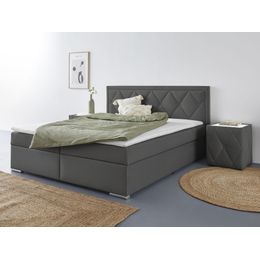Boxbett LEONIQUE "Alfie, Bestseller, wahlweise mit Bettkasten", grau (anthrazit), L:206cm, Bezug Bett: Samtvelours (100% Polyester), Bezug der Spiegelfläche Matratzendrell aus 100% Polyester. Topperbezug abnehmbar und waschbar bis 30º C, aus 100% Polyester, Komplettbetten, mit Knopfheftung im Kopfteil, H2, H3 und H4 wählbar