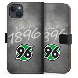 DeinDesign iPhone 14 Plus Handy Klapph&uuml;lle Handyh&uuml;lle aus Kunst Leder schwarz Flip Case Hannover 96 H96 Official Licensed Product Sideflip mit langer Lasche