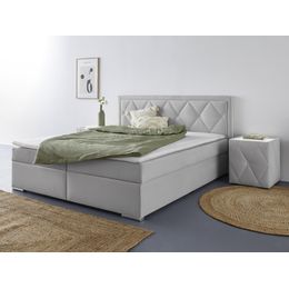 Boxbett LEONIQUE "Alfie, Bestseller, wahlweise mit Bettkasten", grau (hellgrau), L:206cm, Bezug Bett: Samtvelours (100% Polyester), Bezug der Spiegelfläche Matratzendrell aus 100% Polyester. Topperbezug abnehmbar und waschbar bis 30º C, aus 100% Polyester, Komplettbetten, mit Knopfheftung im Kopfteil, H2, H3 und H4 wählbar