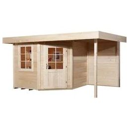 Gartenhaus Weka "Designhaus 213 Plus", beige (naturbelassen), Fußboden im Gartenhaus, Rückwand, ohne Dacheindeckung, Holzwerkstoff, Gartenhäuser, mit Anbaudach und Rückwand
