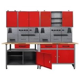 Werkstatt-Set ONDIS24, schwarz (schwarz, rot), B:240cm H:205cm T:60cm, Metall, Werkbänke, 2x Werkbank, 2x Werkzeugwand, 3x Hängeschrank