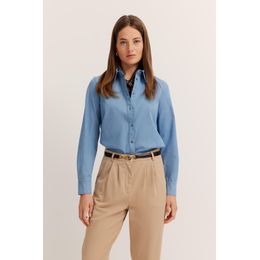 Hemdbluse Bugatti, Damen, Gr. 42, blau (320, hellblau), 98% Baumwolle, 2% Elasthan, unifarben, normal, ohne Ausschnitt, 1-Knopf-Manschette, Blusen Hemdbluse, aus elastischer Baumwolle