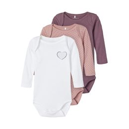name it 3er Pack langarm M&auml;dchen Baby Body Set mit Herz Motiv in Lila | Gr.: 92