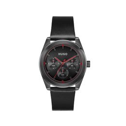 Hugo Multifunktionsuhr »#BRIGHT SPORT« Quarzuhr, Armbanduhr, Herrenuhr, Lederarmband, analog schwarz Trendige Multifunktionsuhr