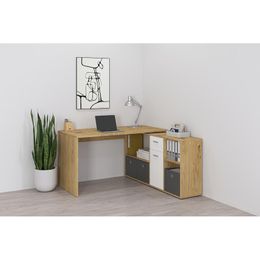 FMD Eckschreibtisch »Lexo« Schreibtisch/Sideboard viel Stauraum, beidseitig montierb., 136/205 cm Artisan-Oak/weiß