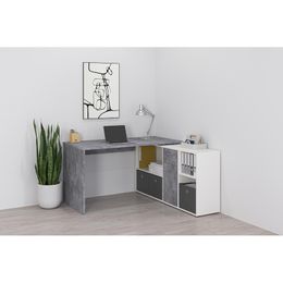 FMD Eckschreibtisch »Lexo« Schreibtisch/Sideboard viel Stauraum, beidseitig montierb., 136/205 cm betonfarben/weiß